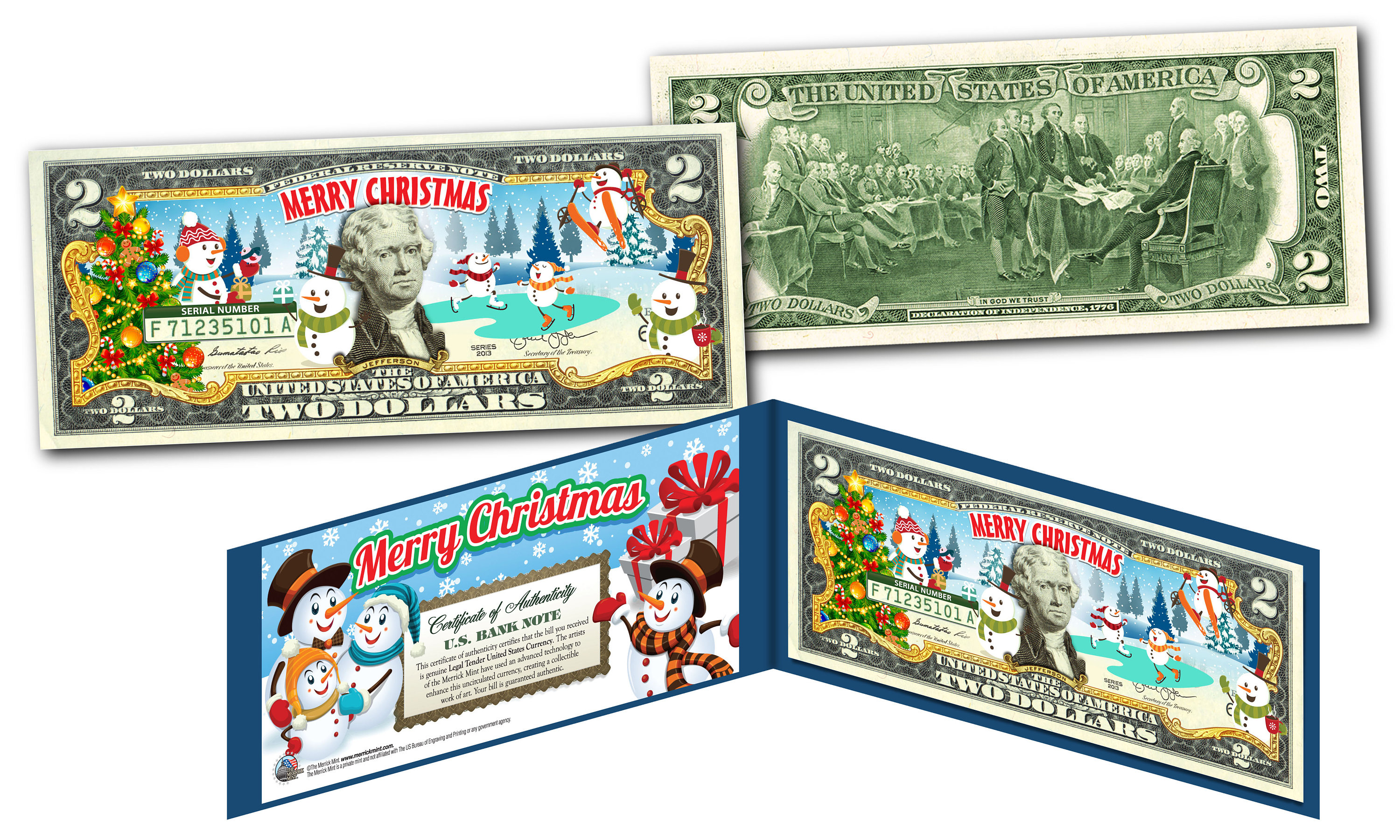 SNOWMAN Merry Christmas Genuine Legal U.S. Tender 2.00 Dollar Bill ...