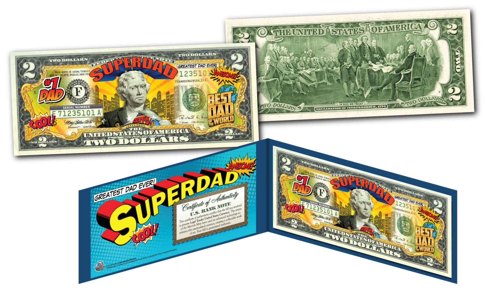SUPERDAD Colorized Two Dollar Bill on Genuine US Currency | Etsy