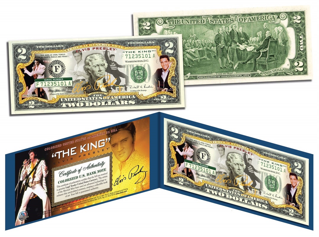 ELVIS PRESLEY " the King " Colorized Two Dollar Bill Genuine US ...