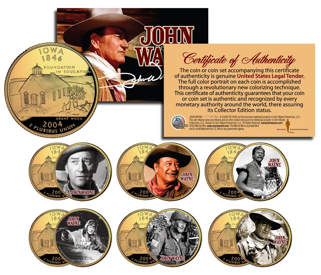 JOHN WAYNE Collectibles 24K Gold Plated Iowa Quarters 6-coin Set ...