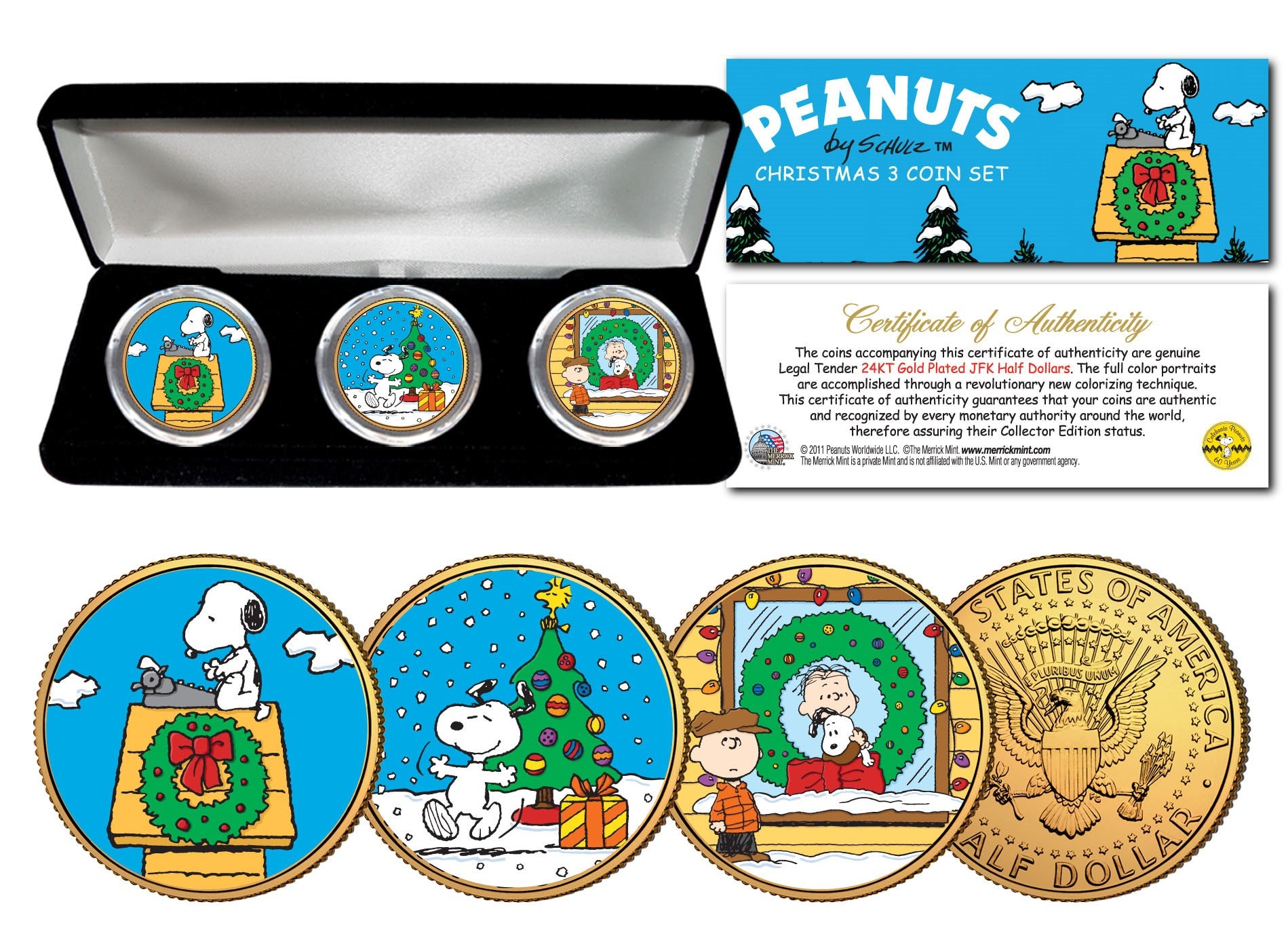 PEANUTS CHRISTMAS Snoopy Tree Wreath 24K JFK Half Dollar 3-coin Set ...