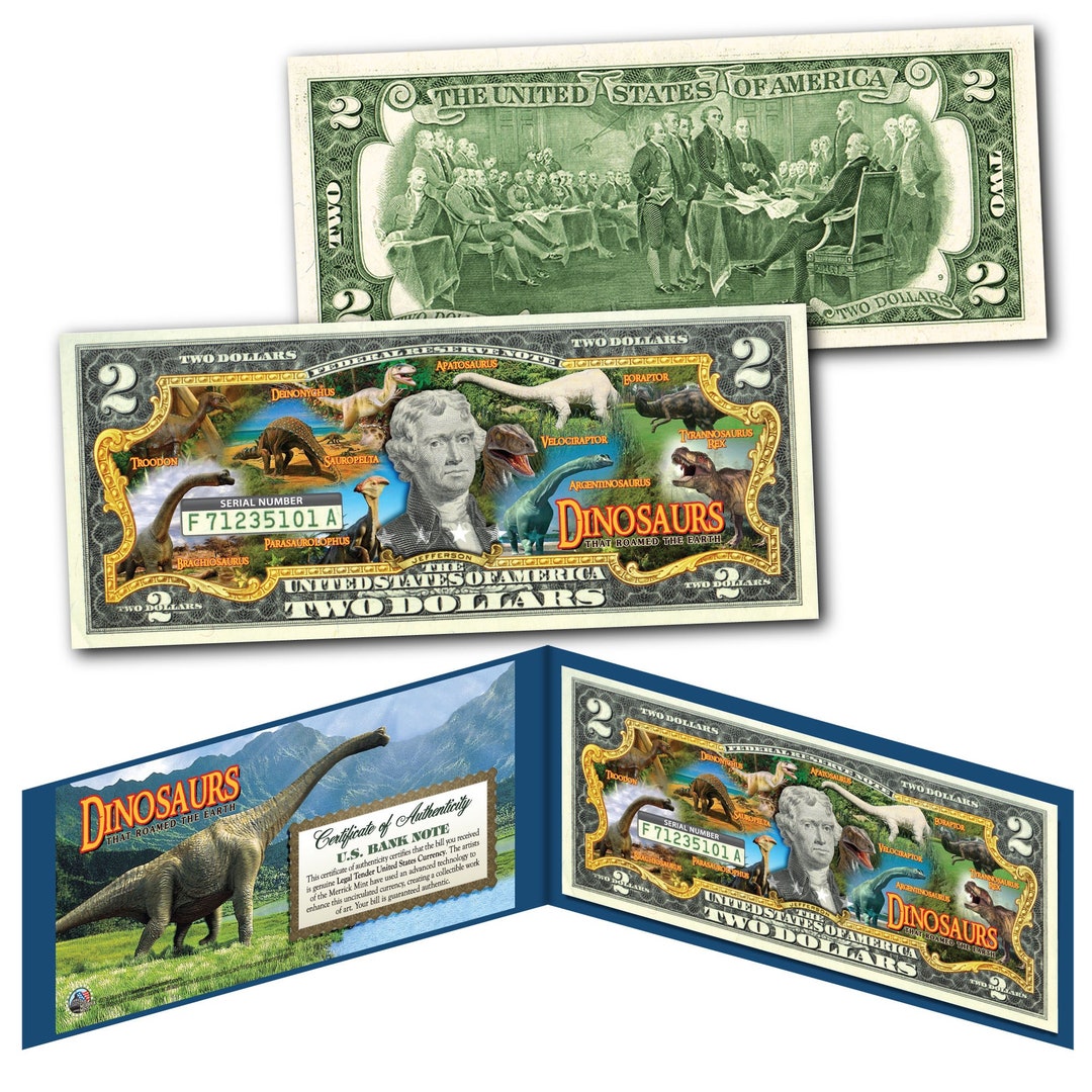 DINOSAURS Collection on Colorized Two Dollar Bill Genuine US Currency ...