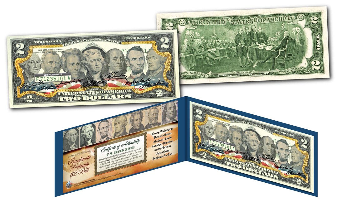 U.S. BANKNOTE 7 PORTRAITS Genuine Legal Tender U.S. 2.00 Bill Banknote ...