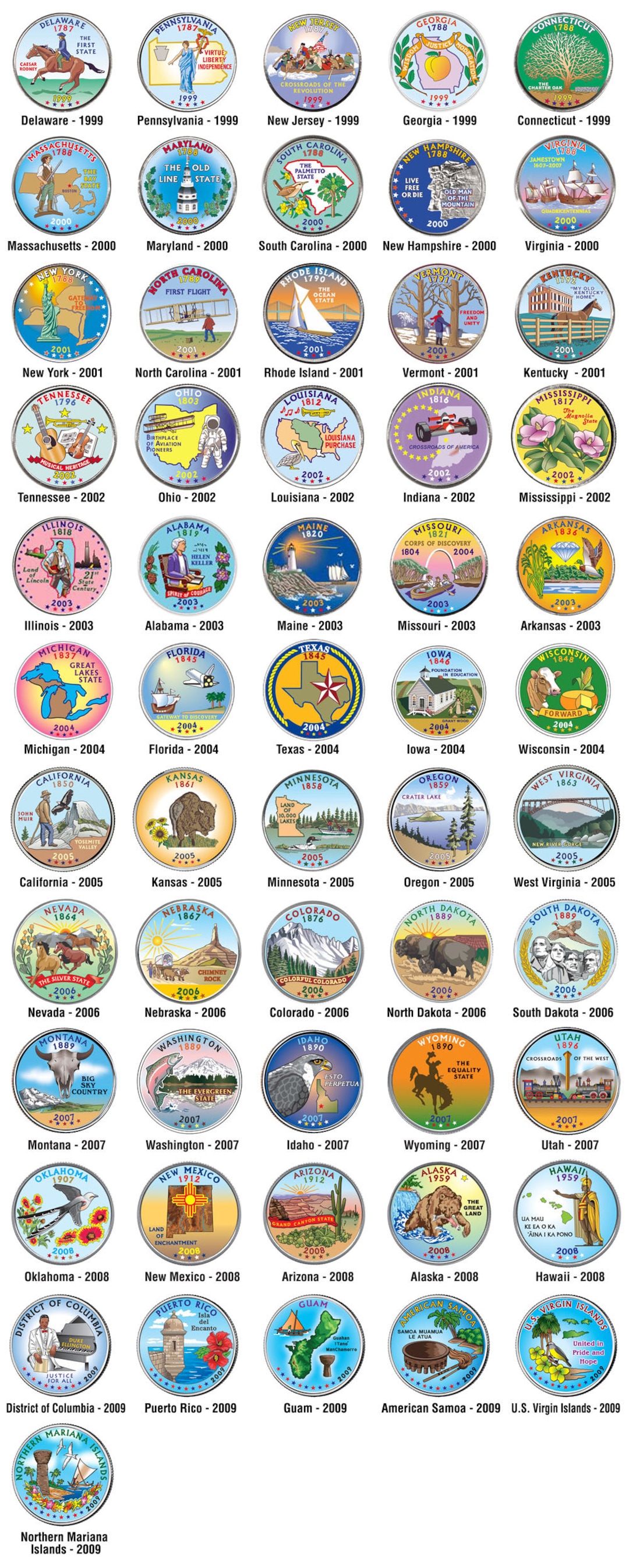 1999-2009 Complete Colorized US Statehood Quarters * 56-coin Complete ...