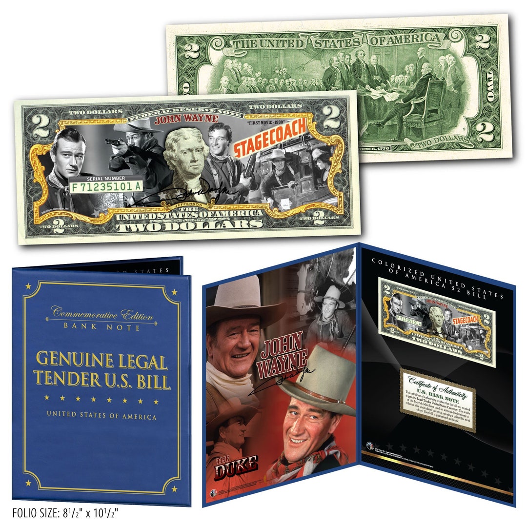 JOHN WAYNE 1939 "stagecoach" Genuine Legal Tender U.S. 2.00 Dollar Bill ...