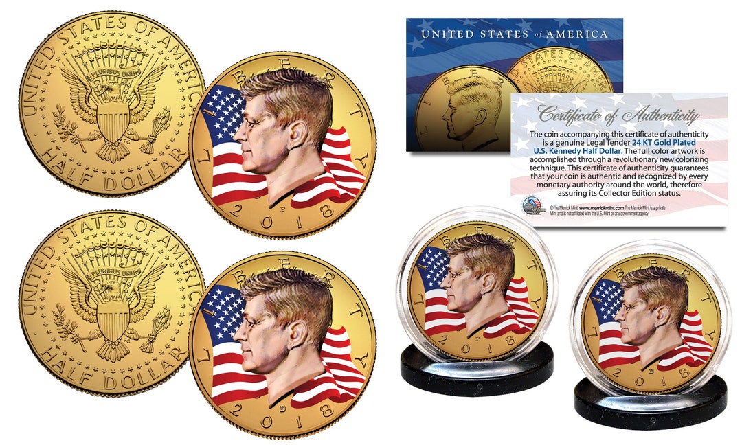 Colorized FLOWING FLAG JFK 2-coin Set *24K Gold Plated* Both P and D ...