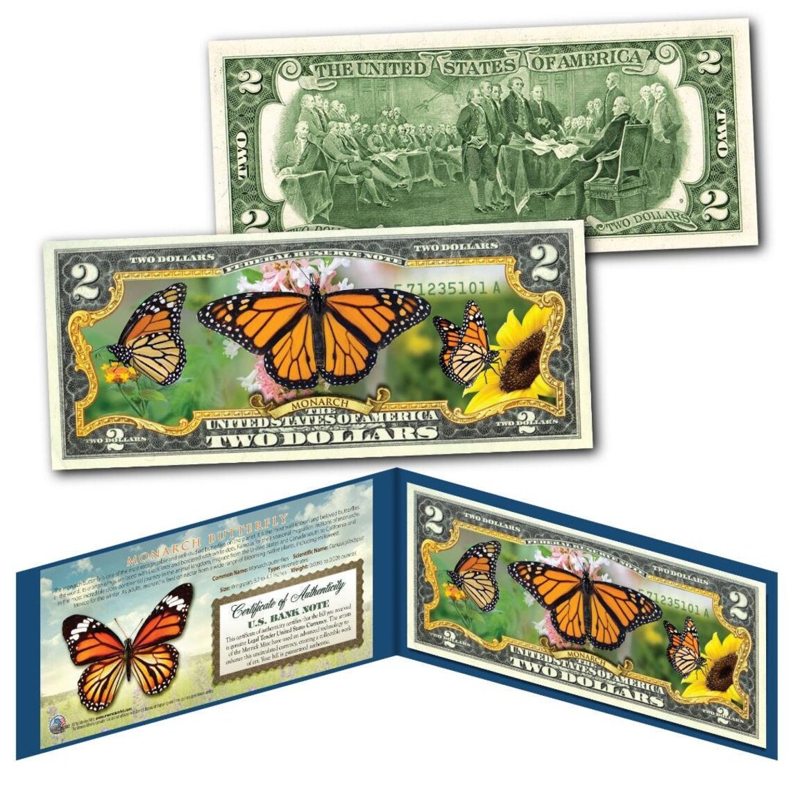 MONARCH BUTTERFLY Genuine Legal Tender Two Dollar Colorized Bill ...