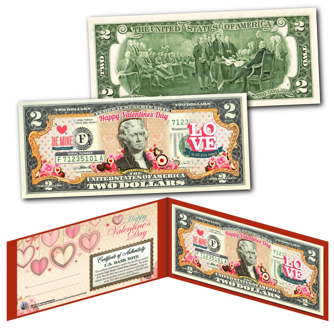 Happy Valentine's Day LOVE - PINK Colorized Two Dollar Bill on Genuine ...