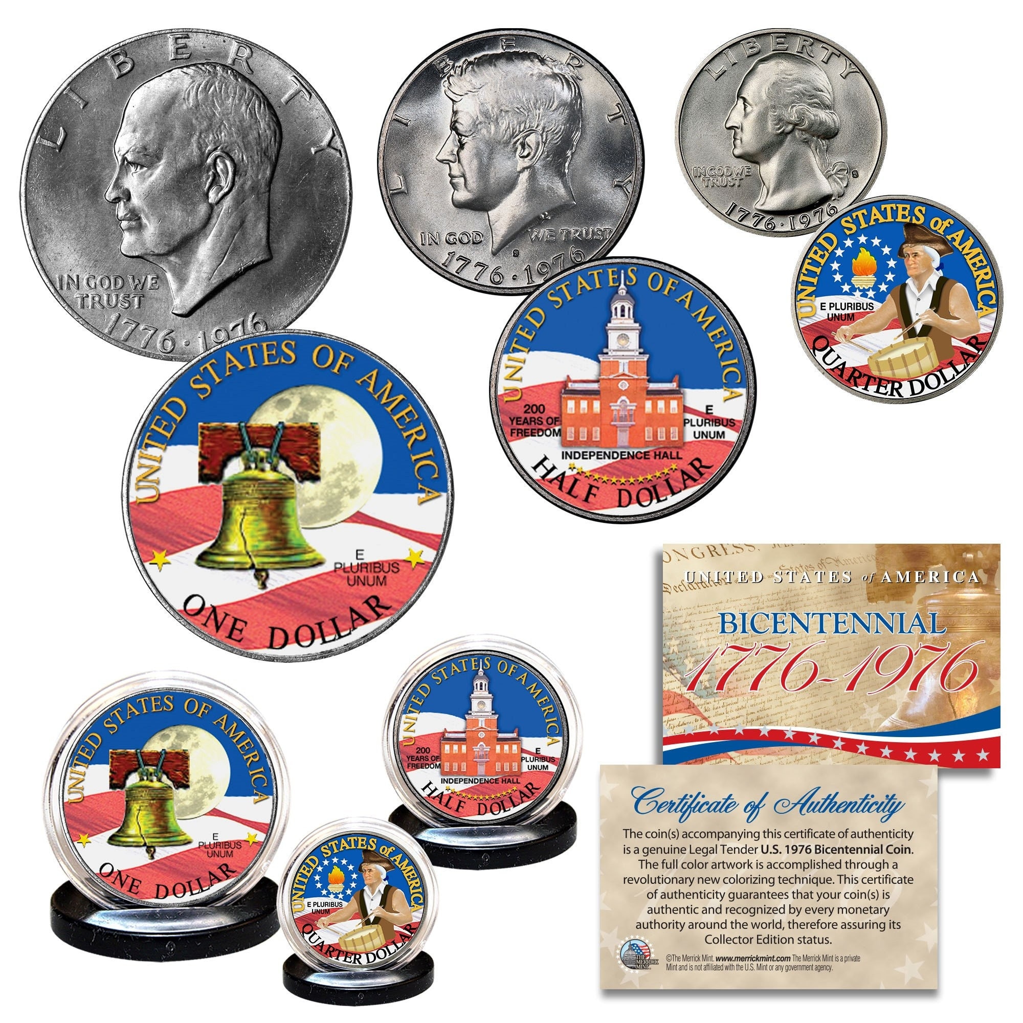 1976 Bicentennial 3-coin Colorized Patriotic Collection - JFK / IKE ...