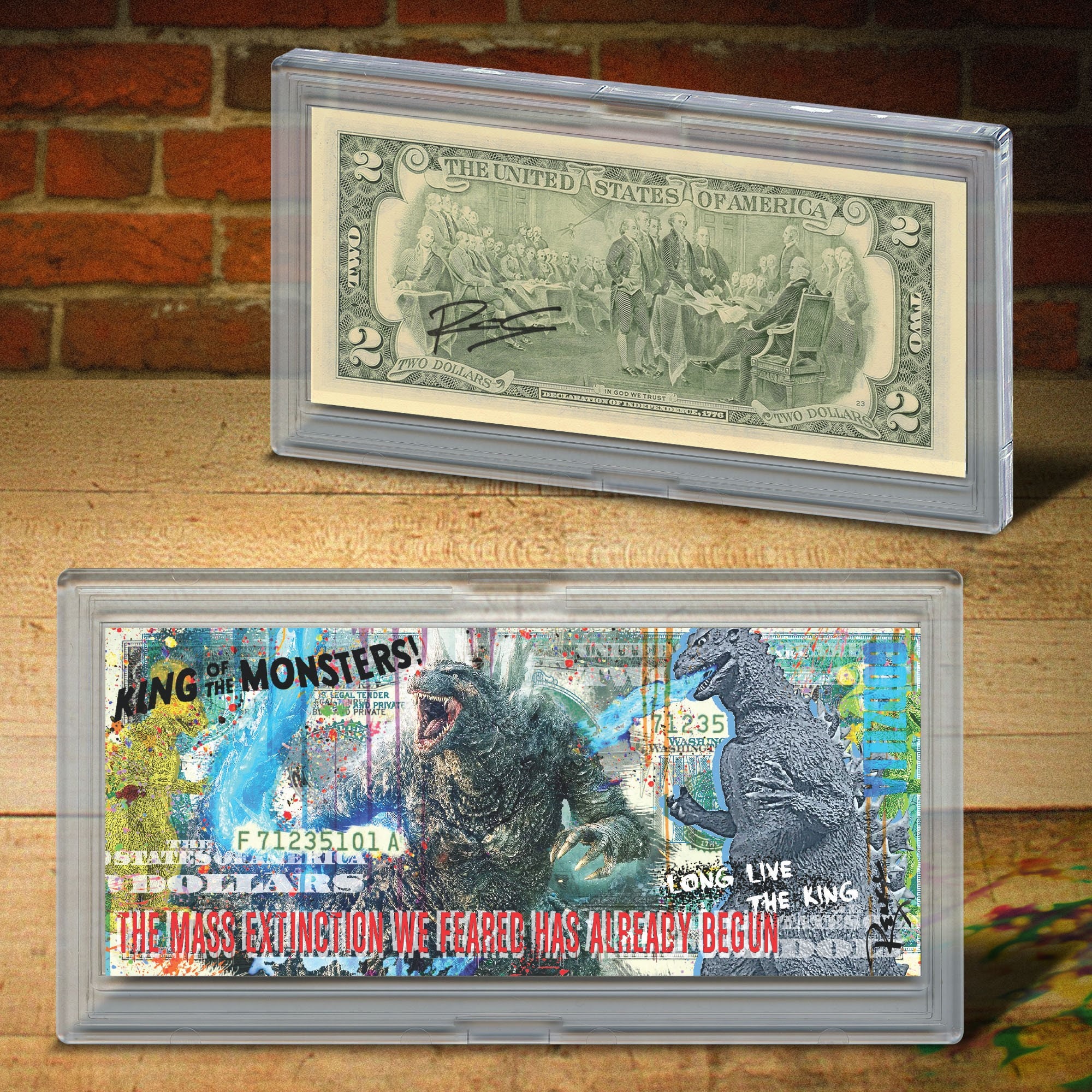 GODZILLA King of All Monsters 2 Dollar Bill Hand-signed by Rency - Fast ...