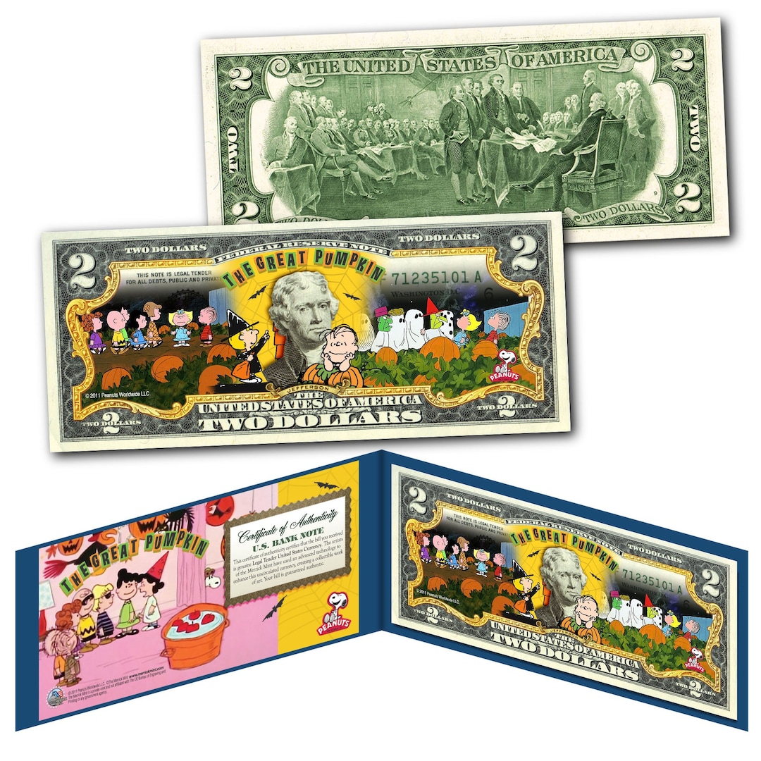 PEANUTS "the Great Pumpkin" Halloween Themed Colorized Two Dollar Bill ...
