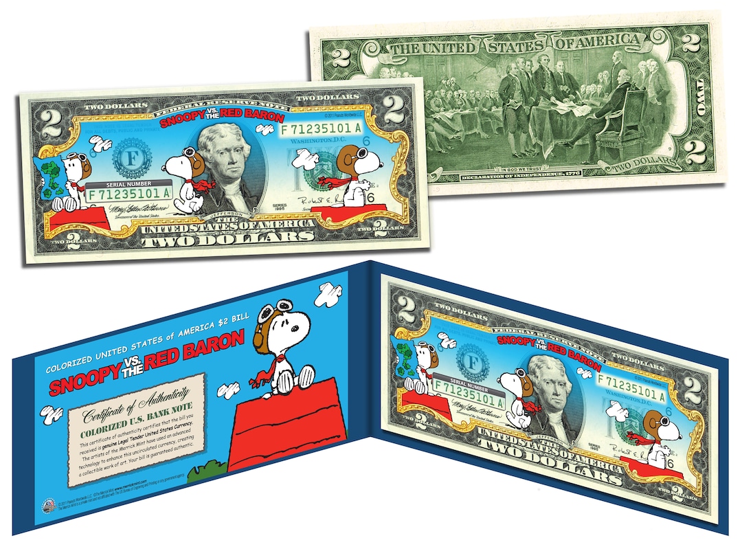 PEANUTS SNOOPY "red Baron" Genuine Legal Tender US Two Dollar Bill ...