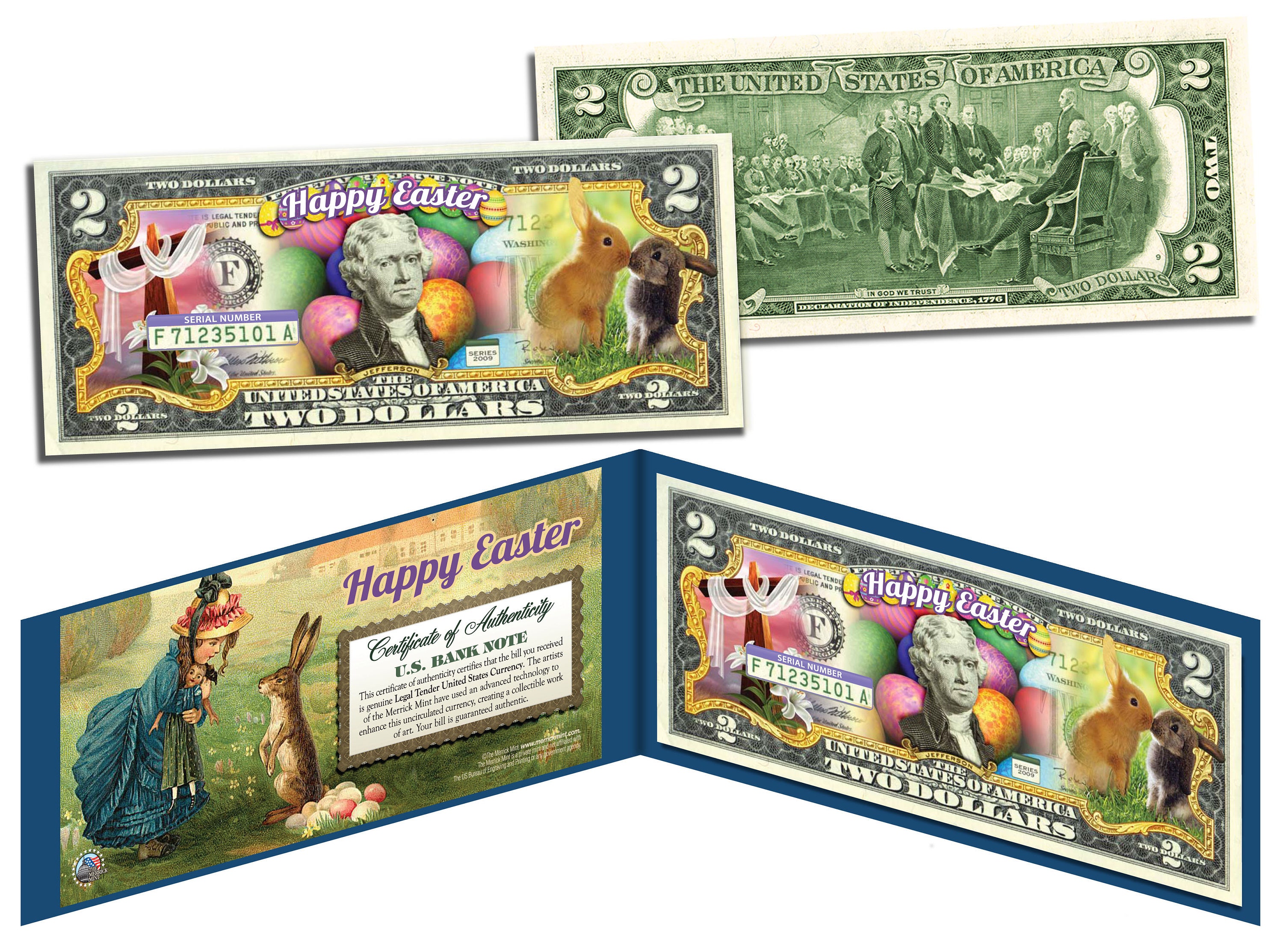 Happy EASTER, Eggs & Easter Bunny Colorized Genuine 2.00 Dollar Bill - Etsy