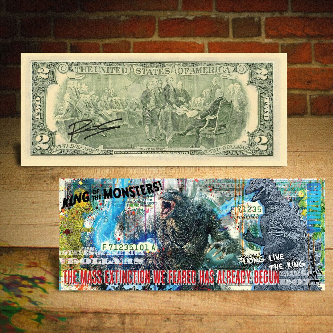 GODZILLA King of All Monsters 2 Dollar Bill Hand-signed by Rency - Fast ...