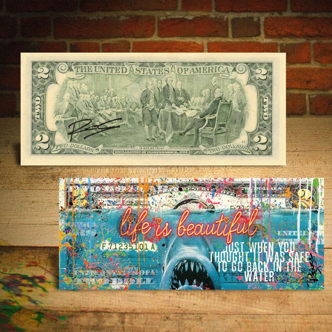JAWS *life is Beautiful* Pop Art Genuine 2 Dollar Bill Hand-signed by ...