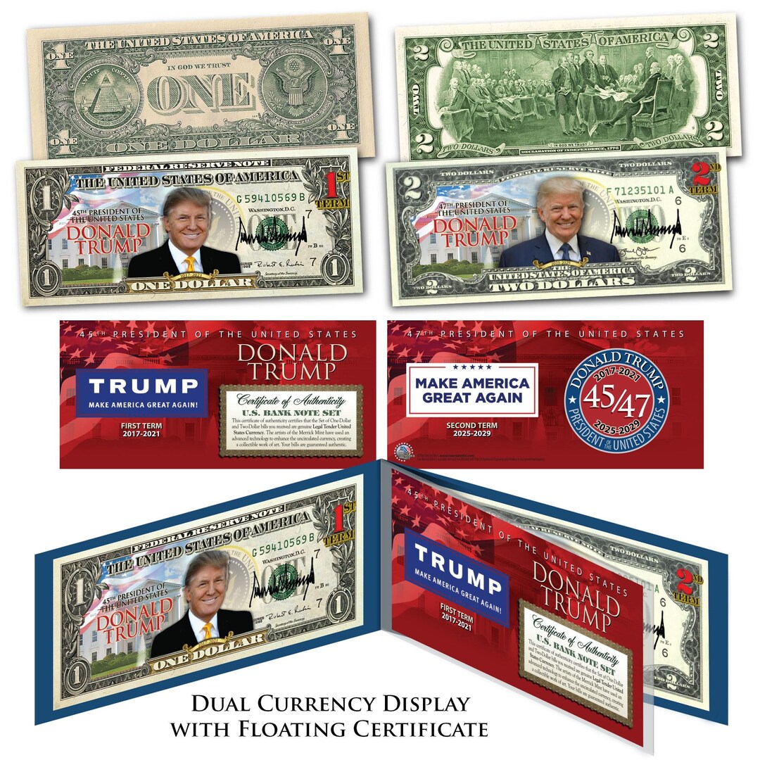 Trump Collectors Bills 1.00 Dollar and 2.00 Dollar Set With Tri-fold ...
