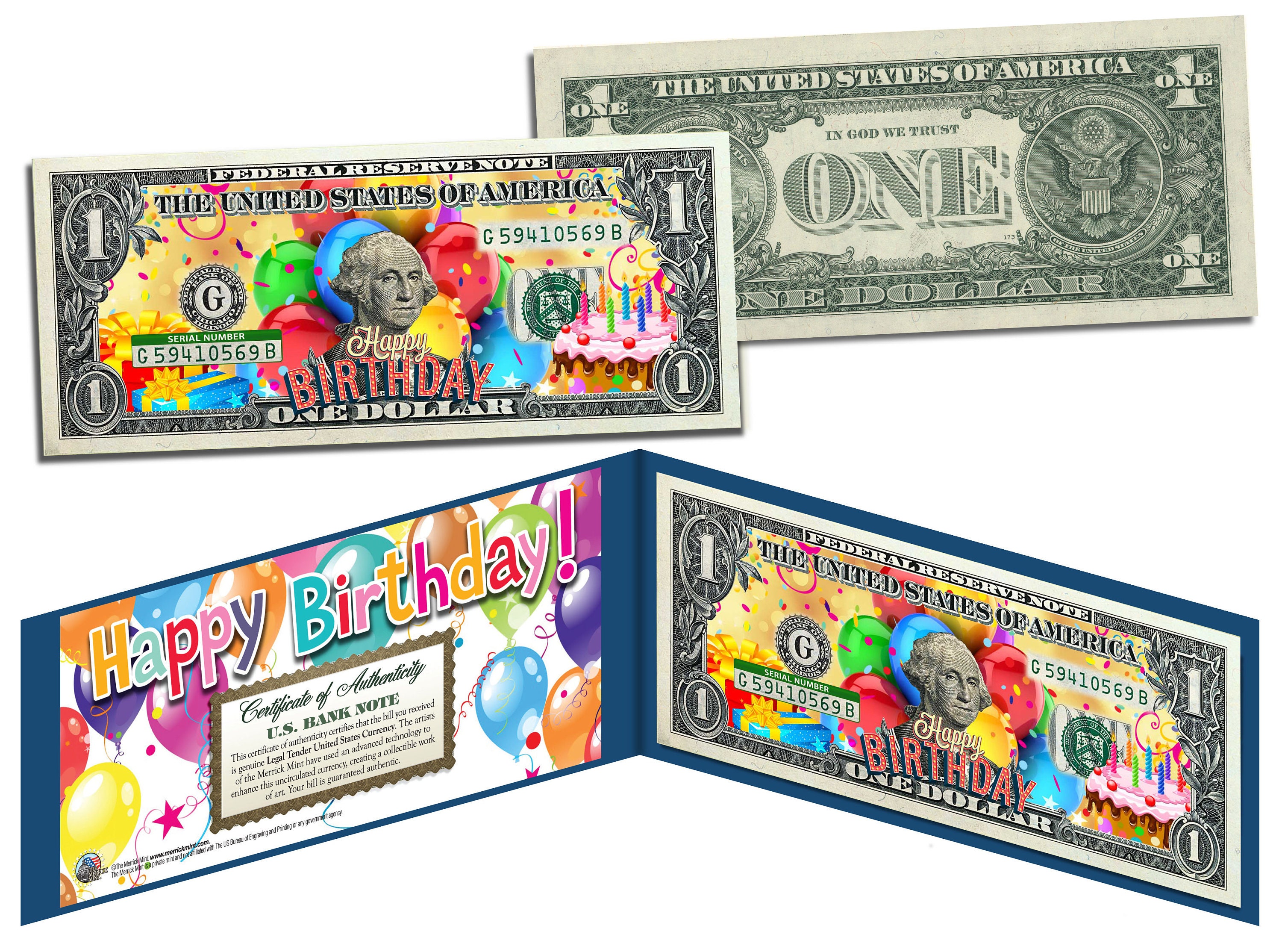 UNIQUE BIRTHDAY Card or Gift Happy Birthday Colorized One 1 Dollar Bill ...