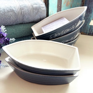 FOUR Boat Shape Soap Dishes. Set of Blue & White Ceramic Boats. Sea ...