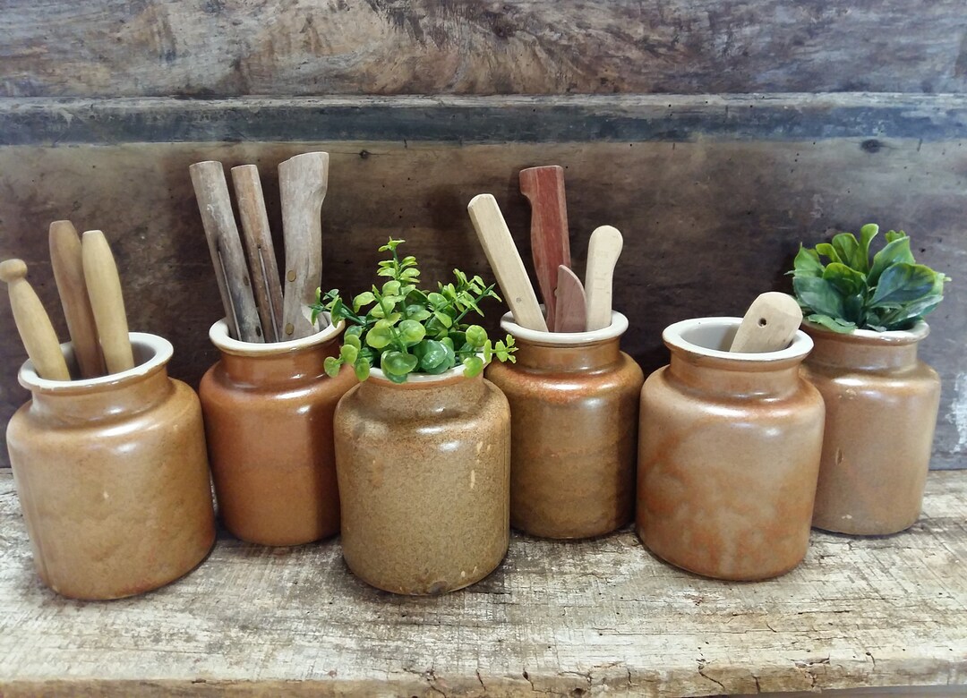 Six Vintage Stoneware Mustard Crocks. Rustic, French Mustard Jars. Herb ...