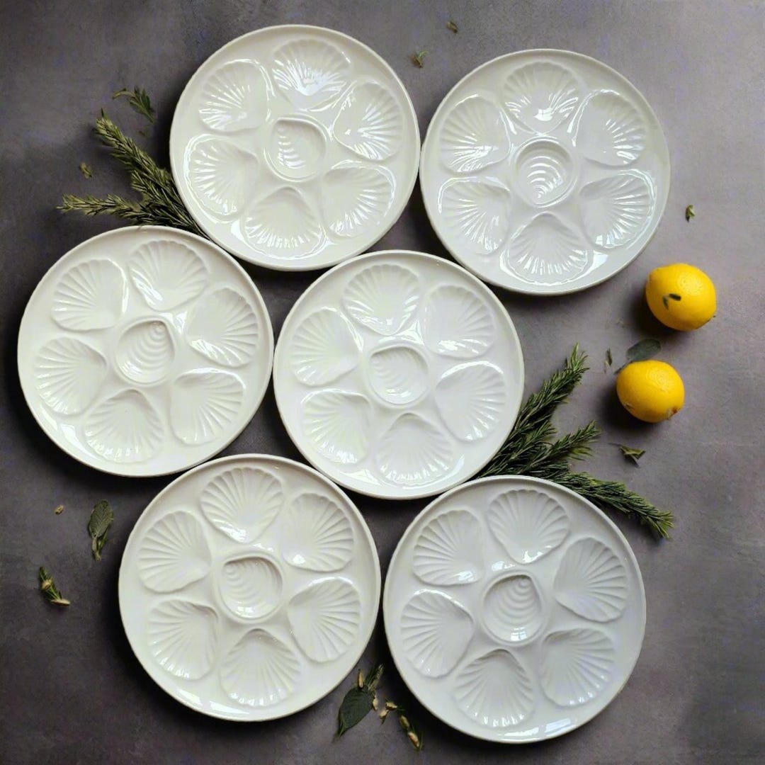 Six White Oyster/scallop Plates. Seafood Plates. Scallop Shell Shaped ...