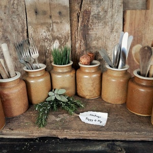 Set of EIGHT Stoneware Mustard Crocks. Rustic French Mustard Jars. Herb ...