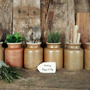 Set of EIGHT Stoneware Mustard Crocks. Rustic French Mustard Jars. Herb ...
