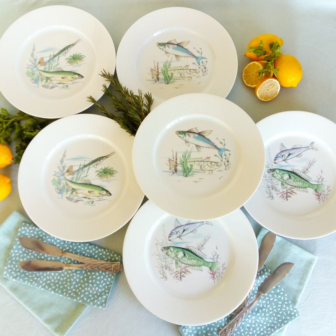 Set of SIX Limoges Porcelain, Fish Plates. Limoges Fish Plate Set. - Etsy