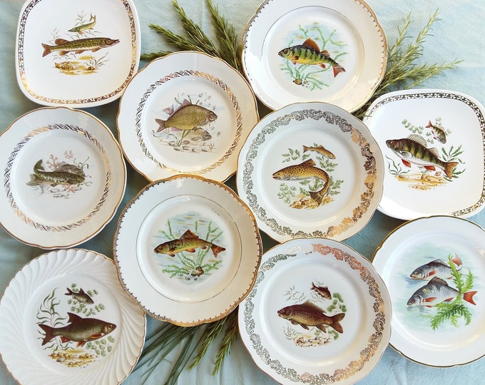 10 Mix and Match Fish Plates. Vintage, French, Porcelain/ Fine China ...