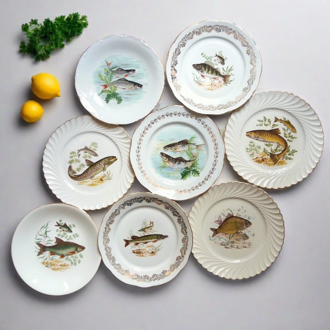 8 Mix and Match Fish Plates. Vintage, French, Porcelain/ Fine China ...