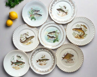 10 Mix and Match Fish Plates. Vintage, French, Porcelain/ Fine China ...