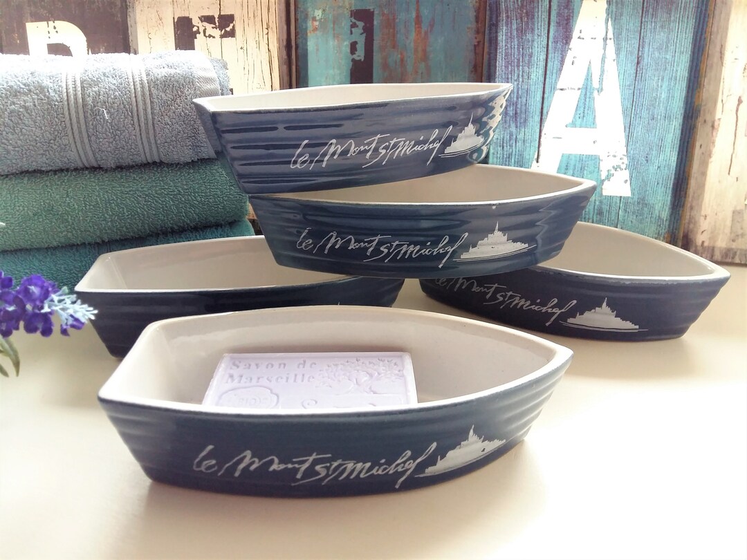 FOUR Boat Shape Soap Dishes. Set of Blue & White Ceramic Boats. Sea ...