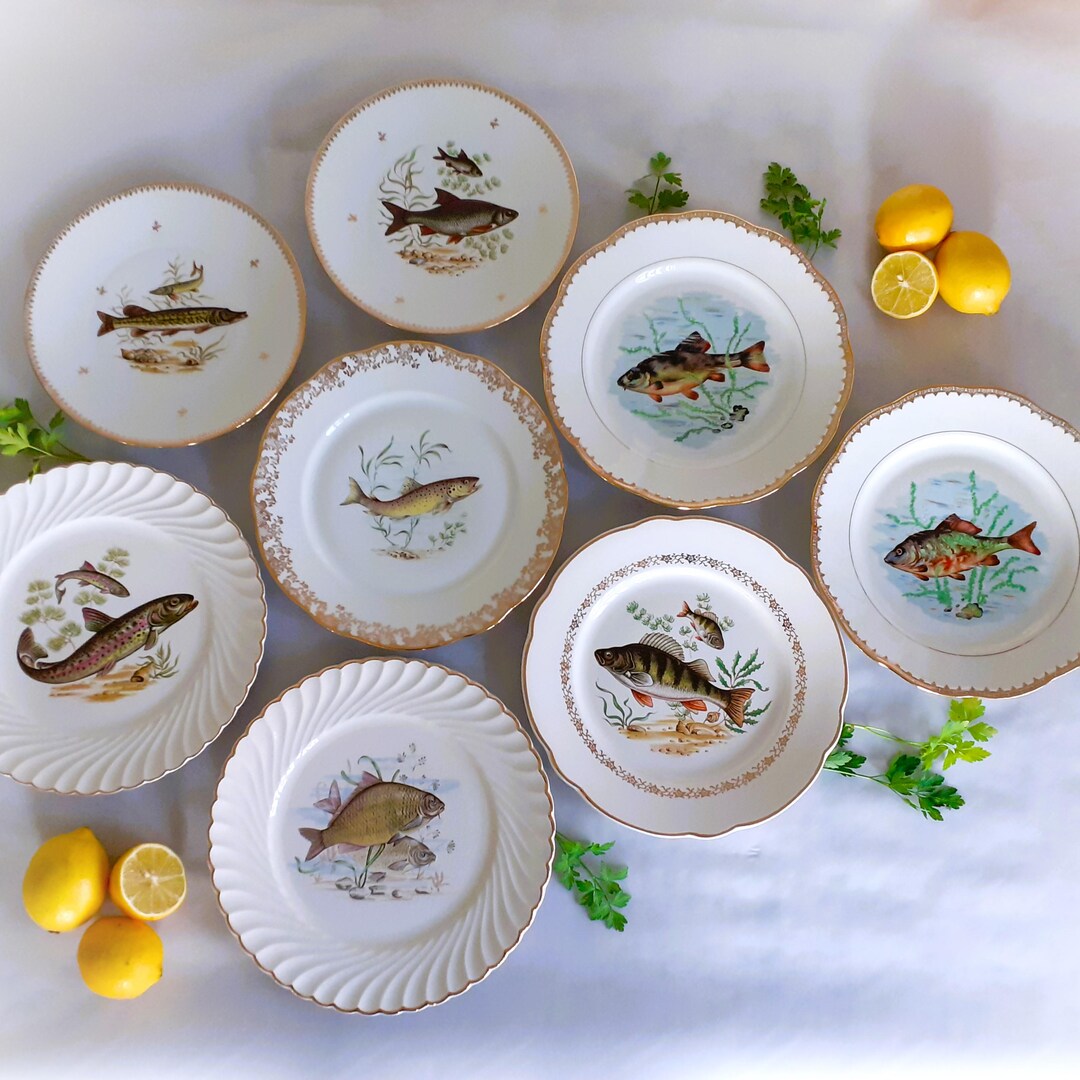 8 Mix and Match Fish Plates. Vintage, French, Porcelain/ Fine China ...