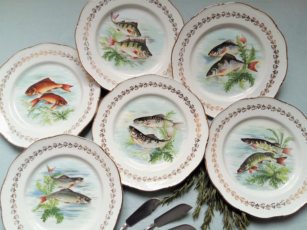 Set of Six French, Digoin, Porcelain, Fish Plates. Six Different ...