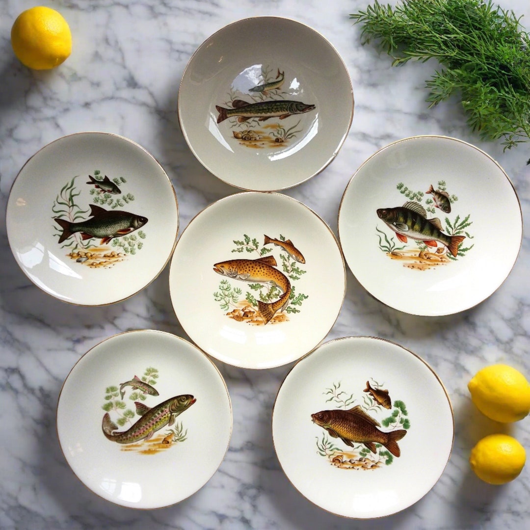 Set of Six Fish Plates by GIEN, France. Vintage French Fish Plate Set ...
