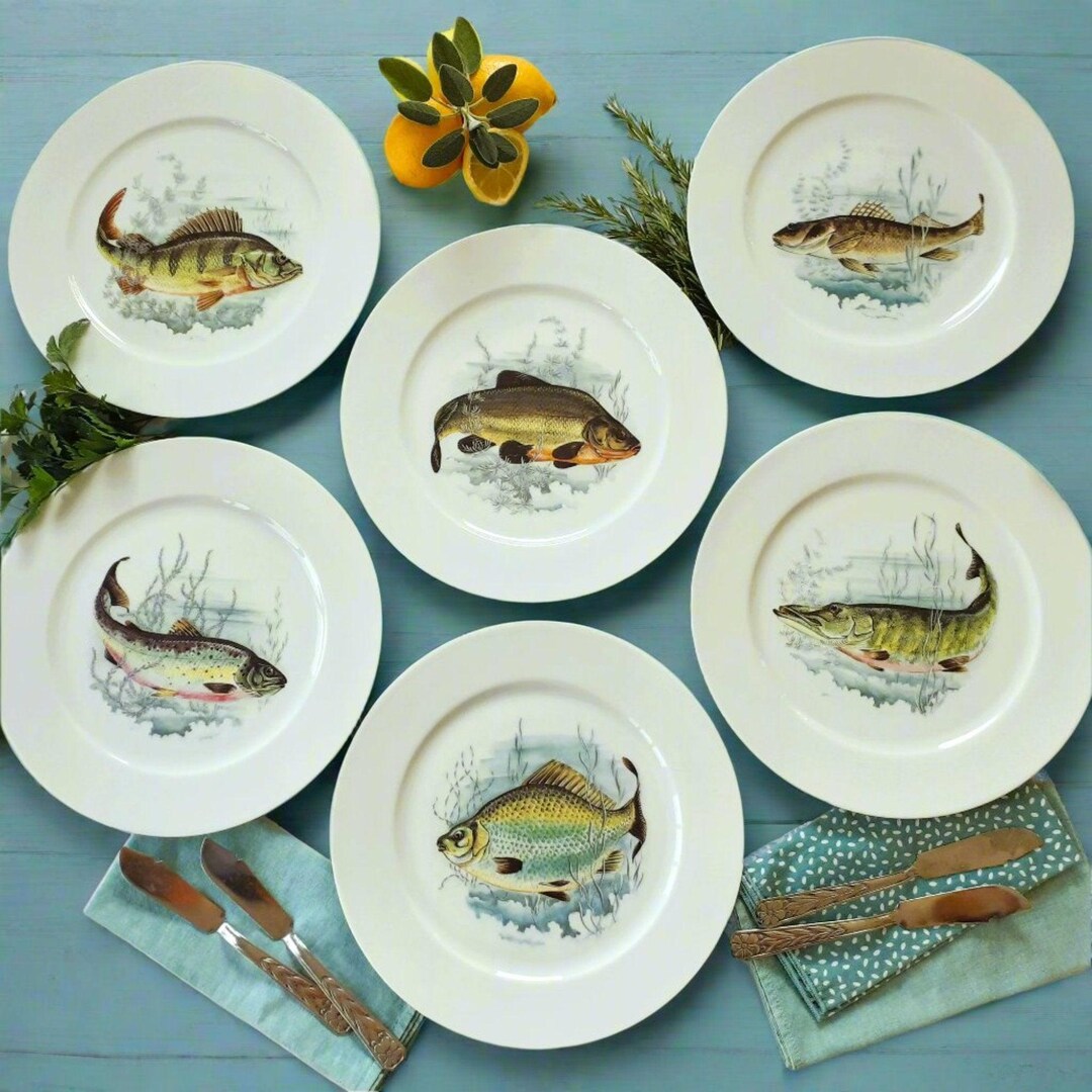 Six Limoges Porcelain Fish Plates. French Fish Plate Set. Fish ...