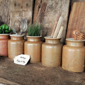 Set of EIGHT Stoneware Mustard Crocks. Rustic French Mustard Jars. Herb ...