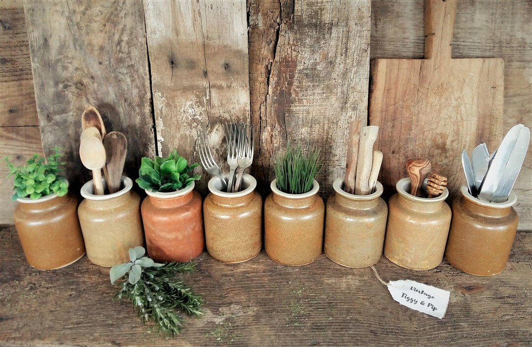 Set of EIGHT Stoneware Mustard Crocks. Rustic French Mustard Jars. Herb ...