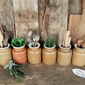Set of EIGHT Stoneware Mustard Crocks. Rustic French Mustard Jars. Herb ...