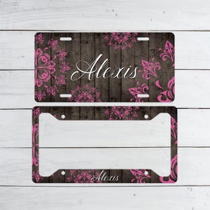 Personalized Aluminum License Plate: Pink Damask Wood Car Tag - Etsy
