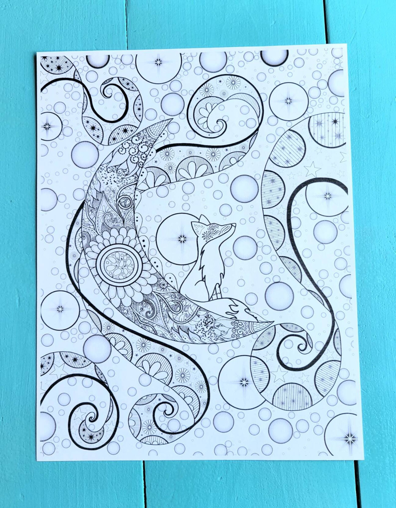 INSTANT DOWNLOAD Fox Coloring Page, Half Moon Coloring Page, Doodle Art ...