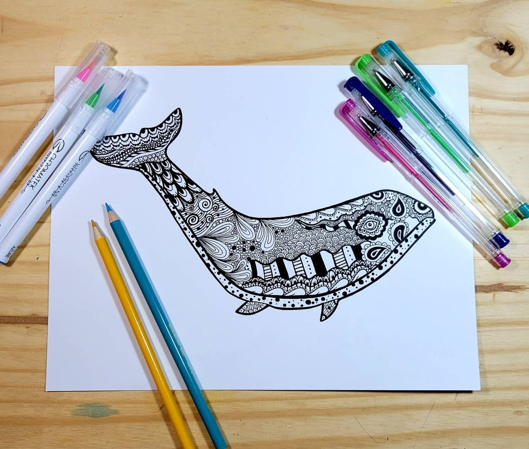 INSTANT DOWNLOAD Coloring Page, Whale Zentangle Inspired, Doodle Art ...