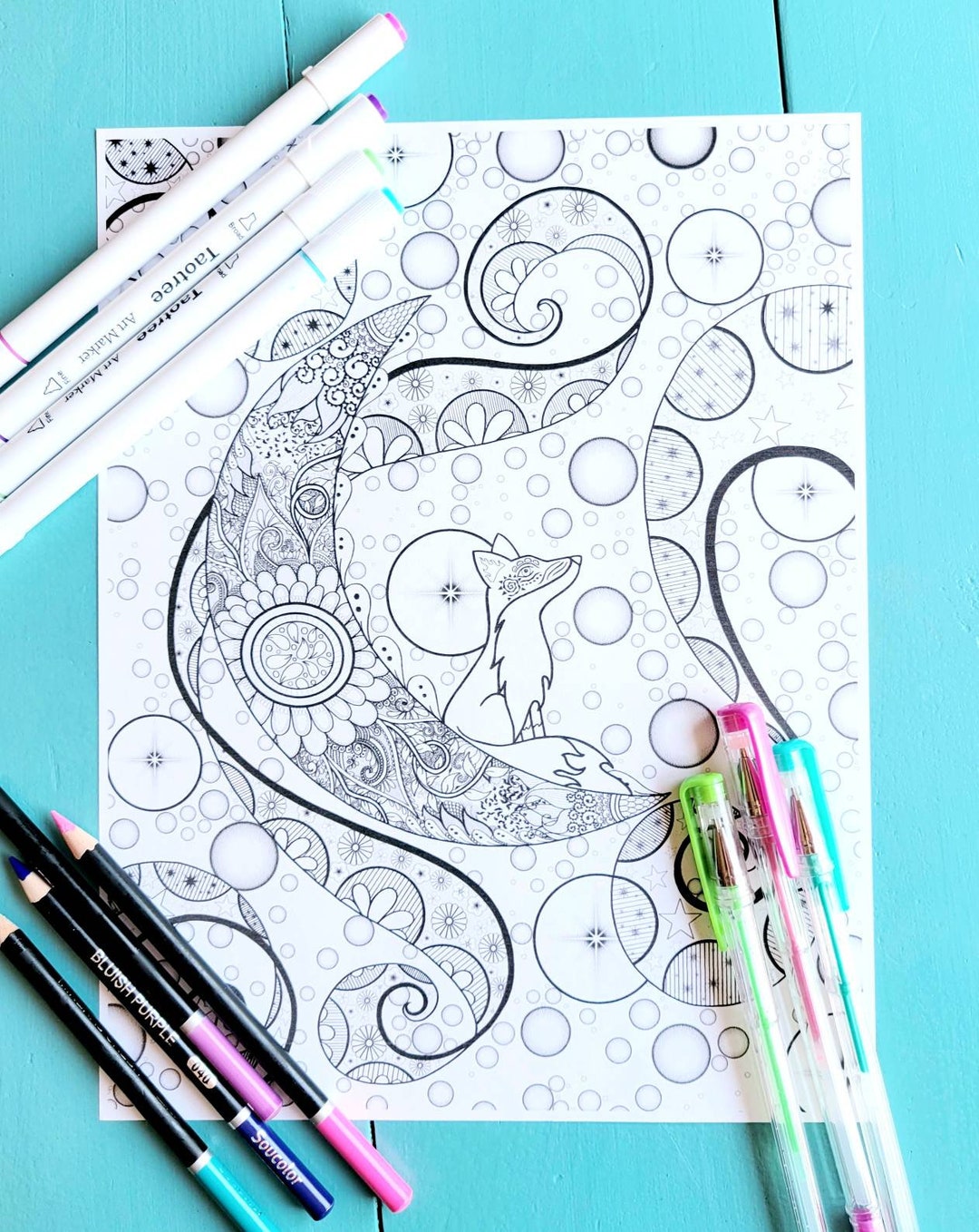 INSTANT DOWNLOAD Fox Coloring Page, Half Moon Coloring Page, Doodle Art ...
