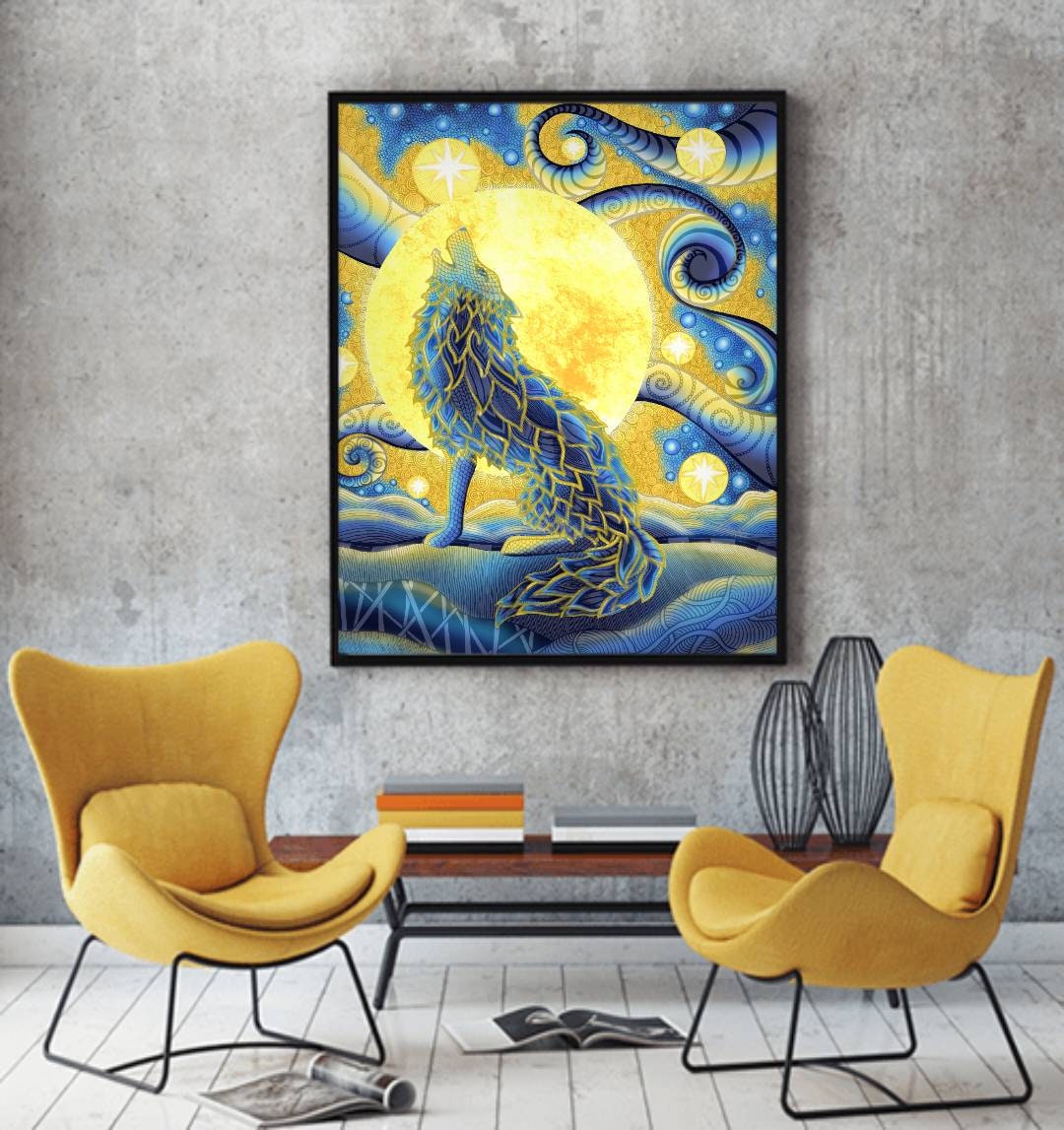 Starry Wolf Print, Wolf Howling at the Moon Art Print, Starry Night ...