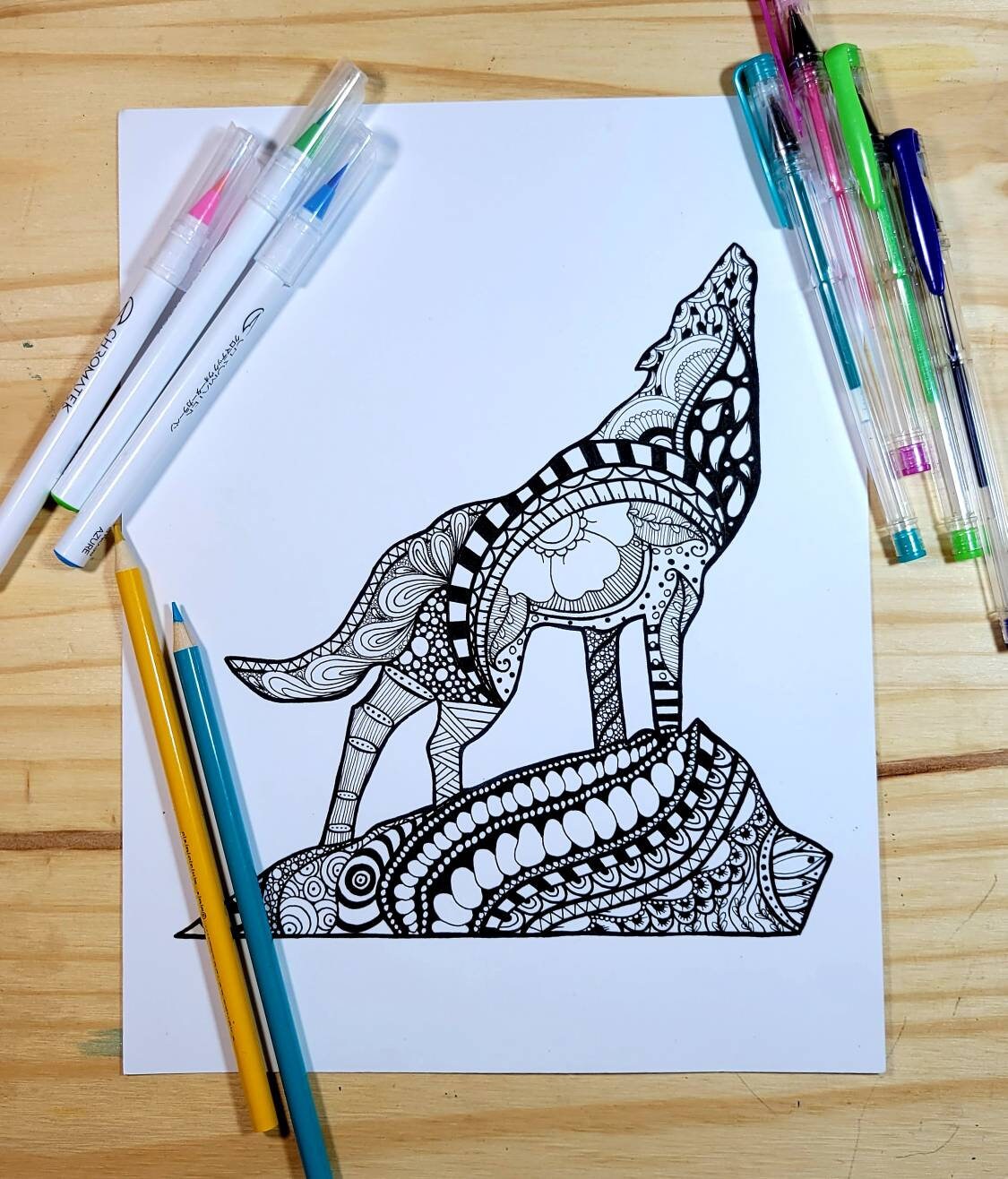 INSTANT DOWNLOAD Coloring Page Howling Wolf Zentangle - Etsy