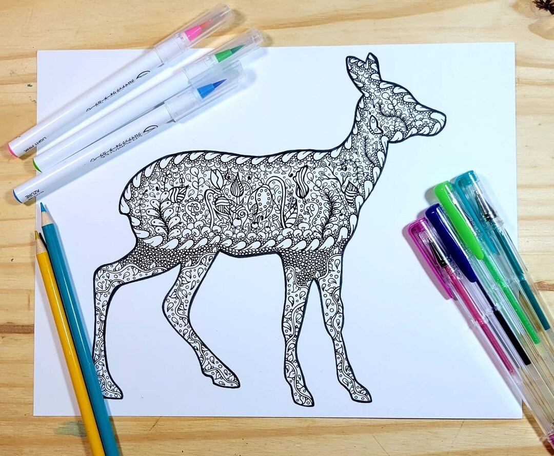 INSTANT DOWNLOAD Coloring Page, Deer Zentangle Inspired, Doodle Art ...