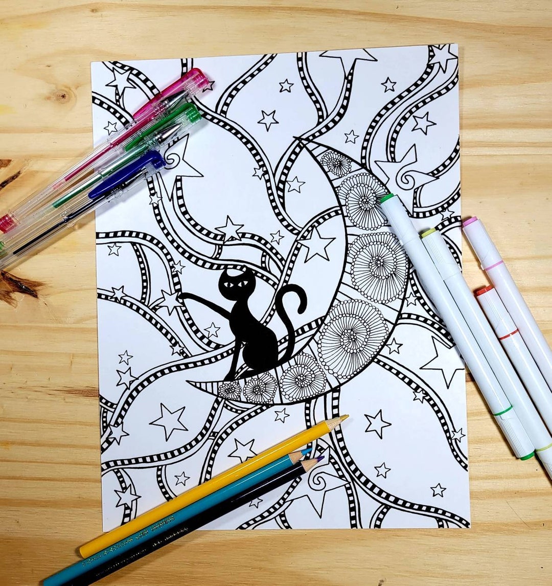Cat on Moon Coloring Page - Etsy