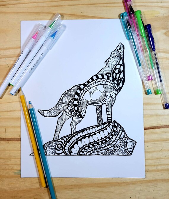 INSTANT DOWNLOAD Coloring Page Howling Wolf Zentangle | Etsy