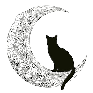 Cat on Crescent Moon With Flowers Coloring Page, Half Moon Coloring ...