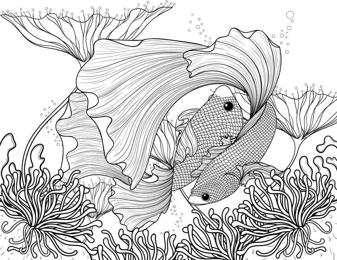 Pretty FISH Coloring Page for Adults, Realistic KOI Fish Coloring Page ...