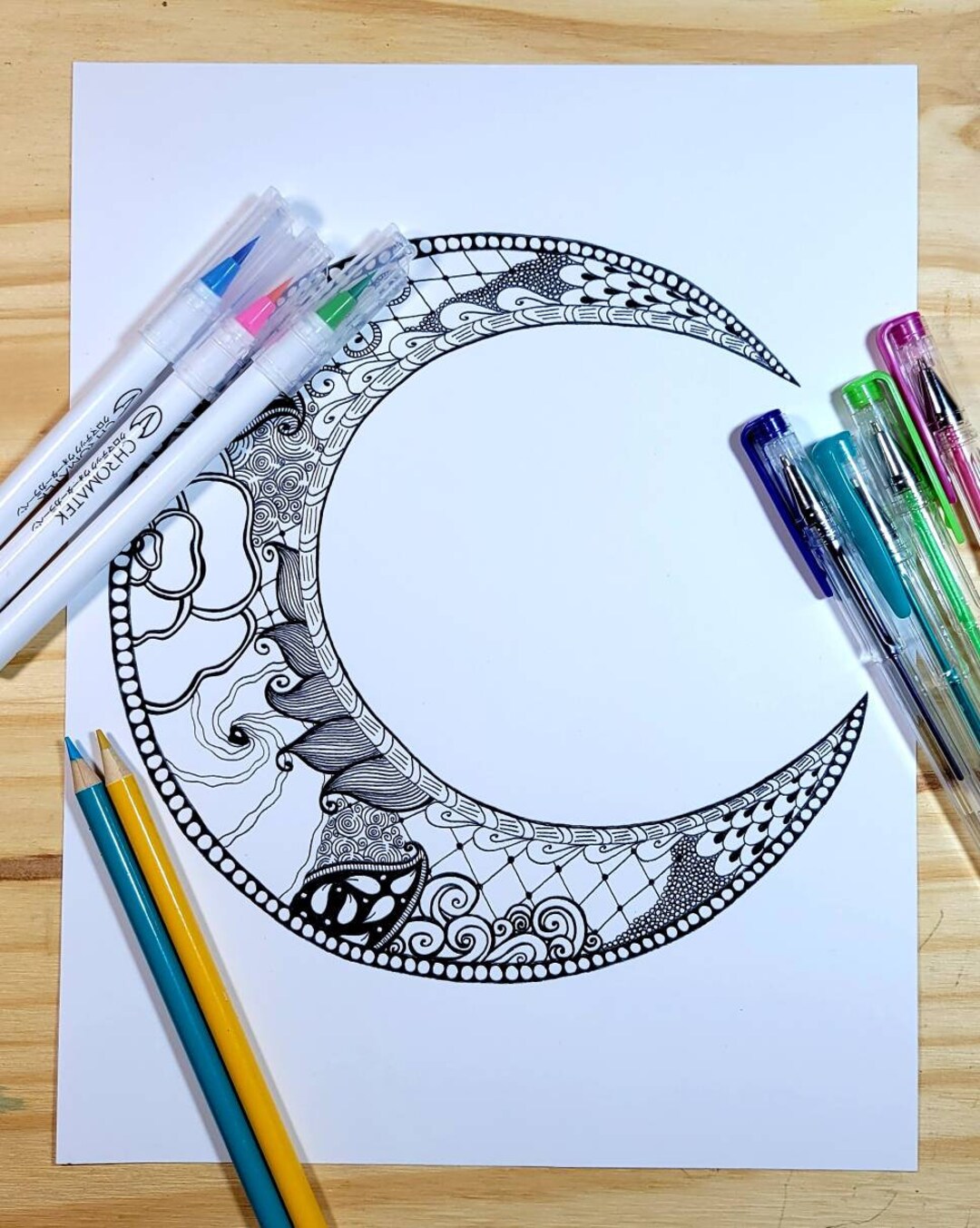 INSTANT DOWNLOAD Coloring Page, Half Moon Coloring Page, Doodle Art ...
